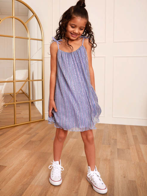 Younger Girls Cami Pleated Metallic Midi Dress in Blue | Chi Chi London UK