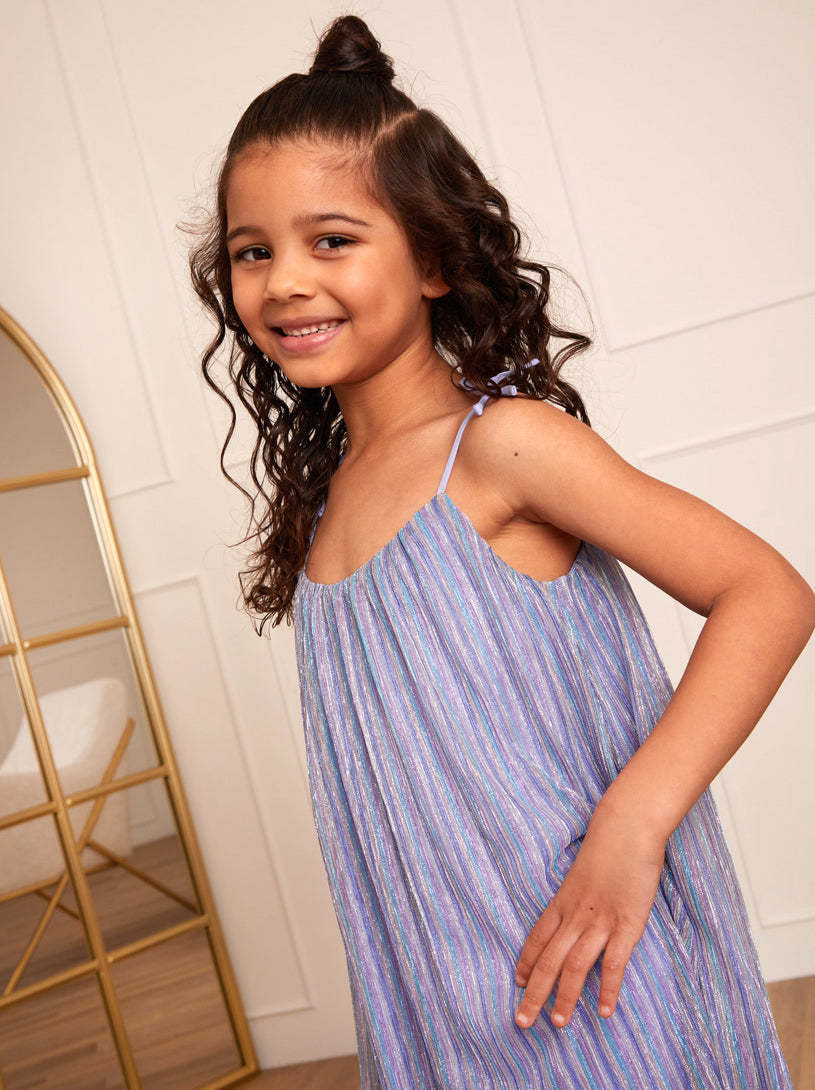 Younger Girls Cami Pleated Metallic Midi Dress in Blue | Chi Chi London UK