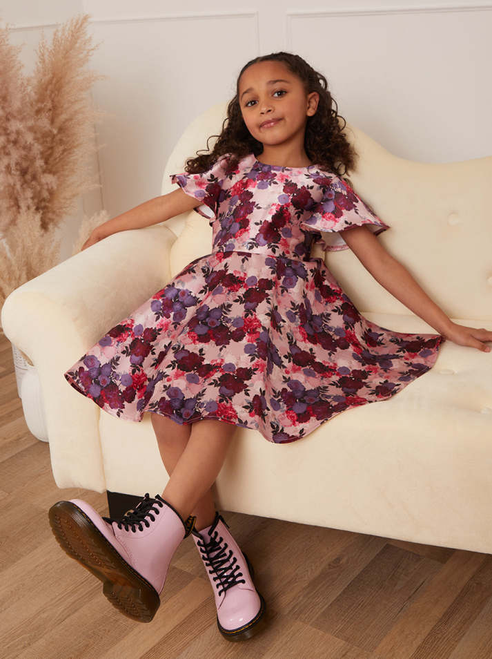 Younger Girls Flutter Sleeve Floral Midi Dress in Pink | Chi Chi London UK