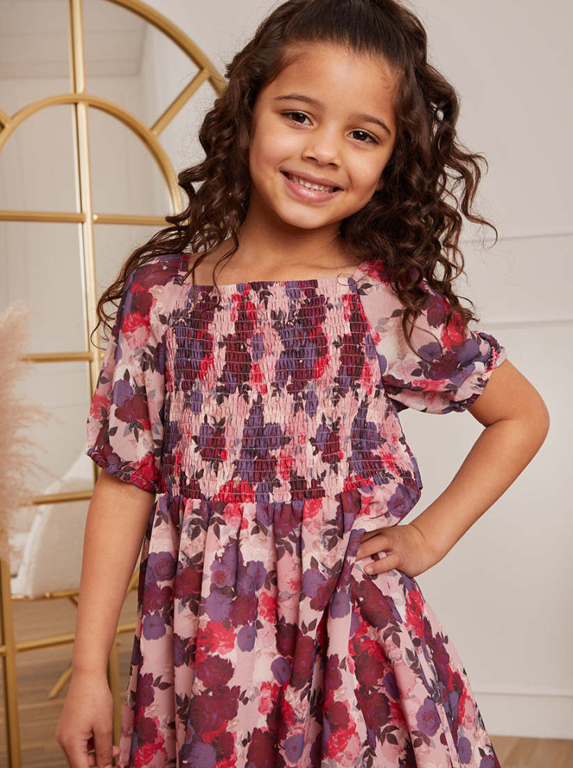 Younger Girls Shirred Bodice Floral Midi Dress in Pink | Chi Chi London UK