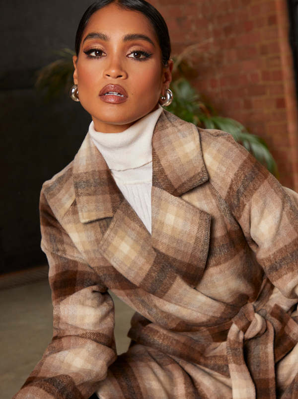 Tie Waist Check Coat in Brown | Chi Chi London UK