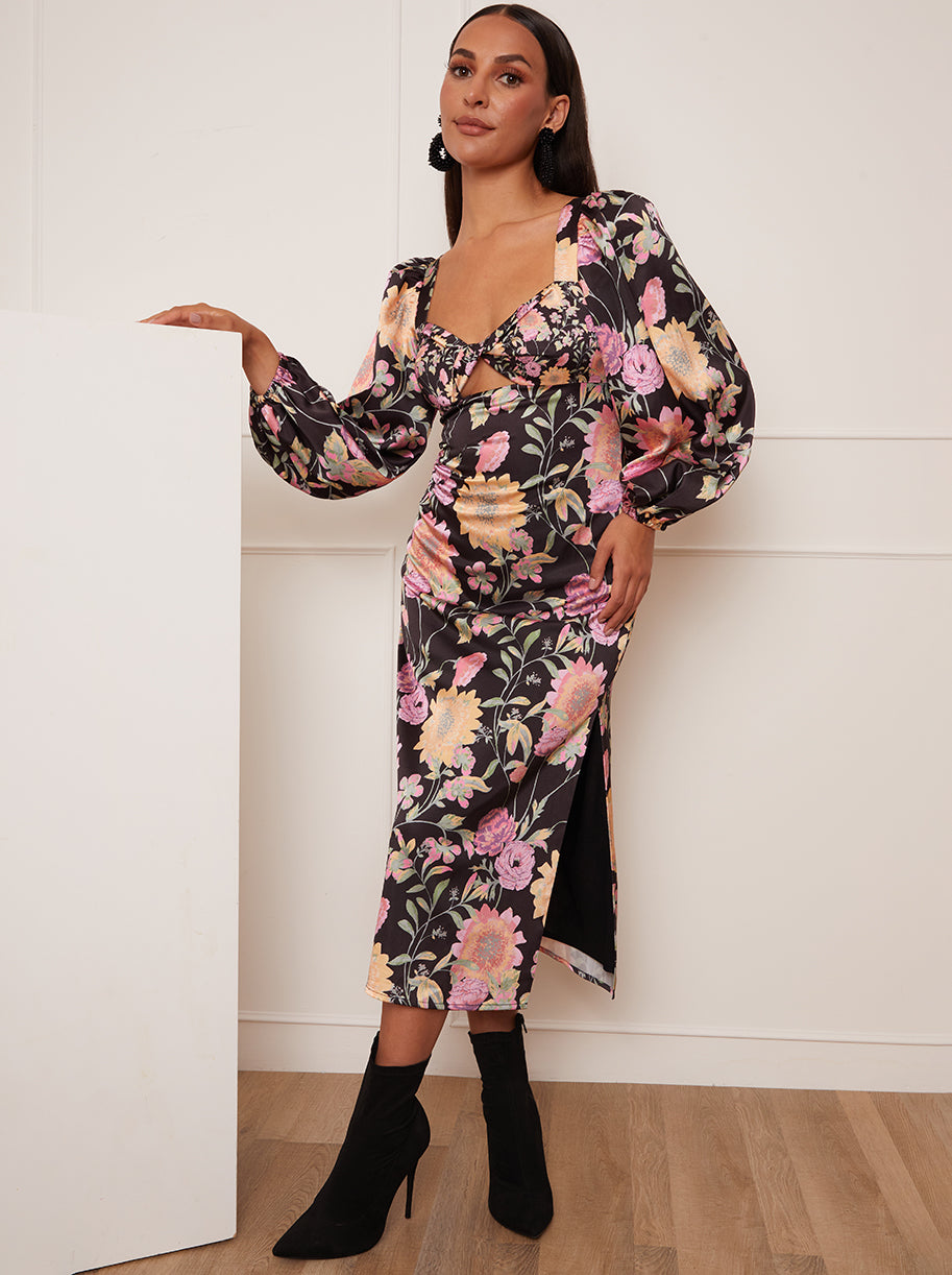 Petite Long Sleeve Cut Out Detail Floral Print Midi Dress in Black