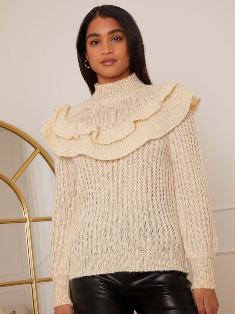 High Neck Ruffle Detail Jumper in Cream | Chi Chi London UK