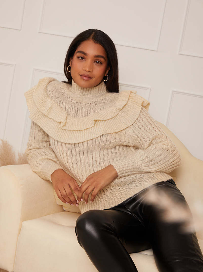 High Neck Ruffle Detail Jumper in Cream | Chi Chi London UK