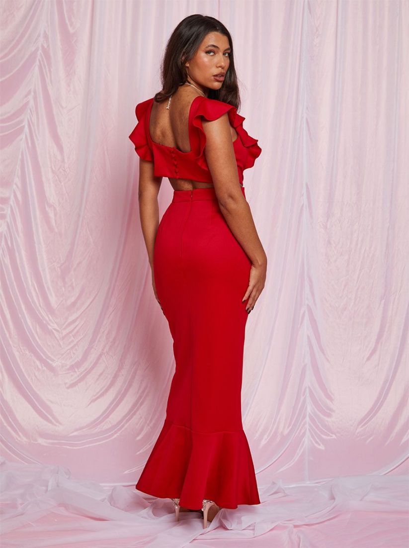Ruffle Sleeve Cut Out Back Maxi Dress in Red | Chi Chi London UK