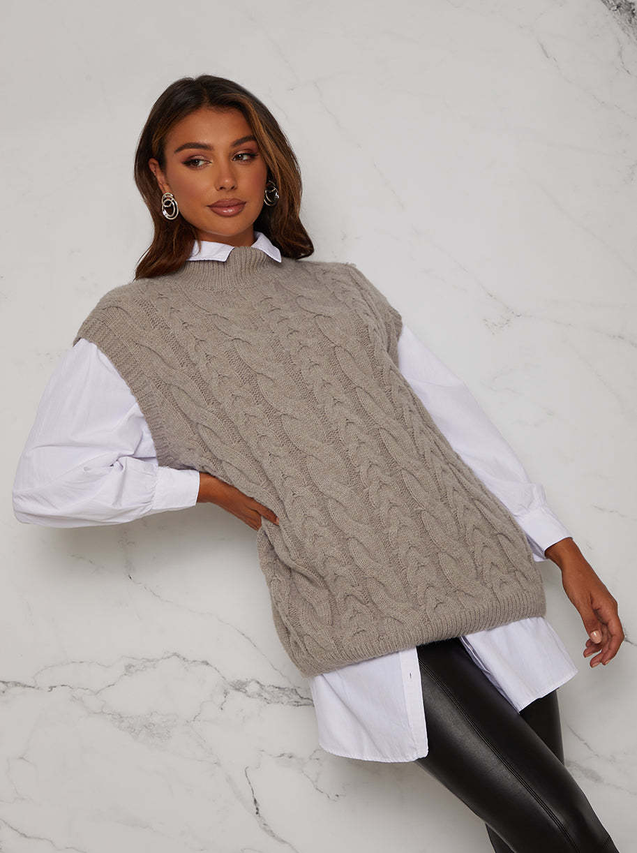 Cable Knit Gilet Jumper in Grey | Chi Chi London UK