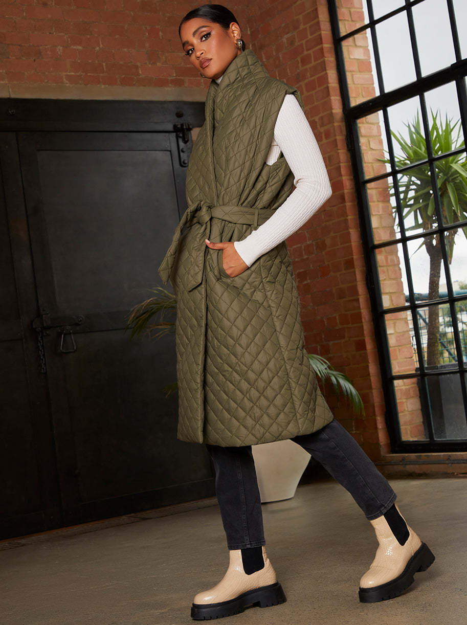 Diamond Quilted Longline Belted Gilet in Khaki – Chi Chi London