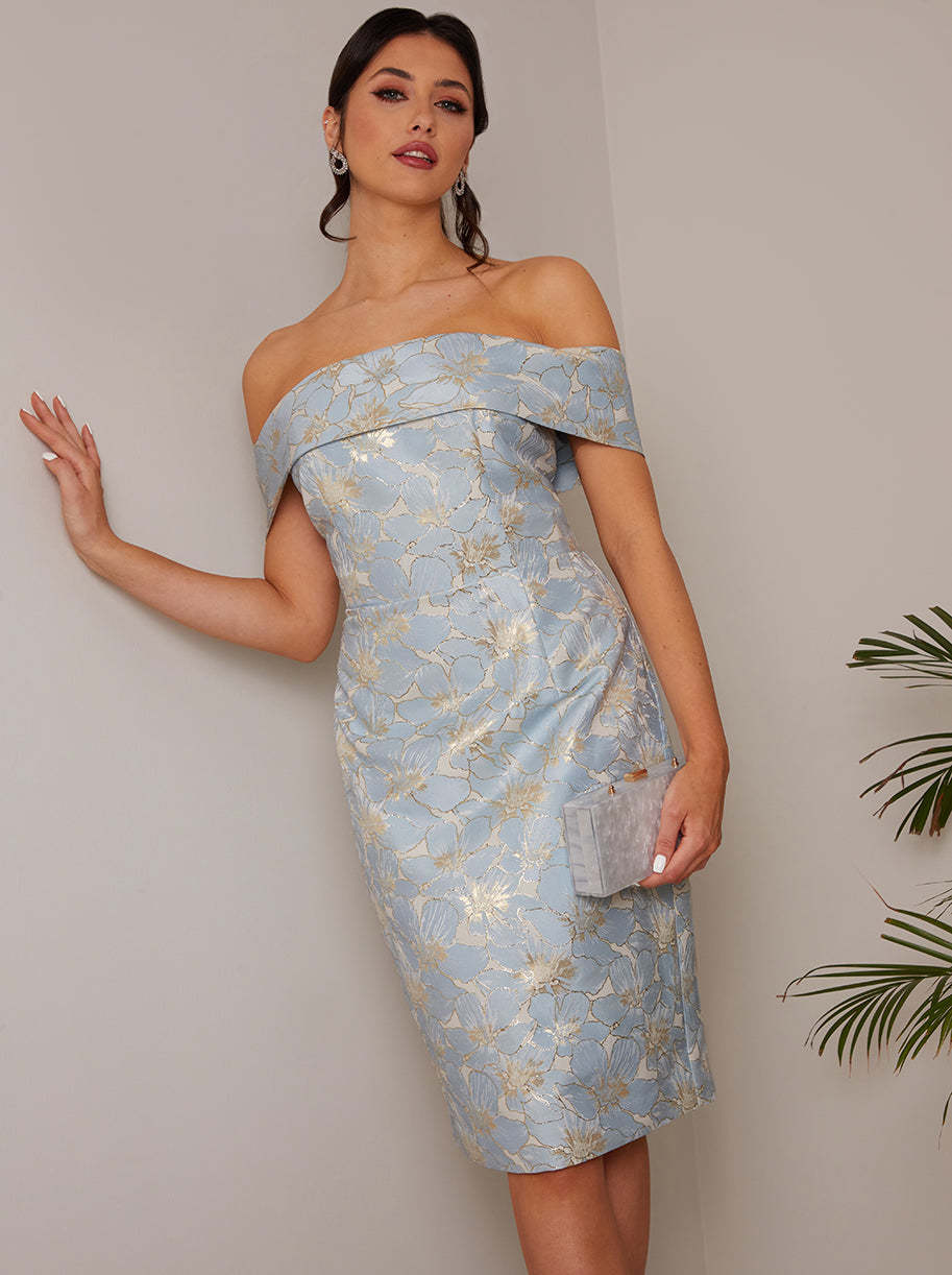 Bardot Floral Jacquard Mid Dress in Blue | Chi Chi London UK