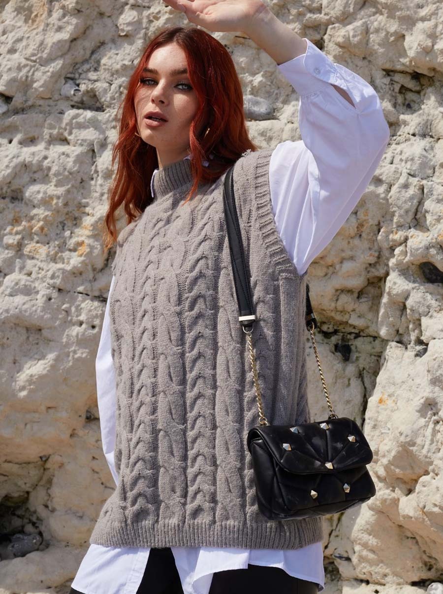 Cable Knit Gilet Jumper in Grey | Chi Chi London UK