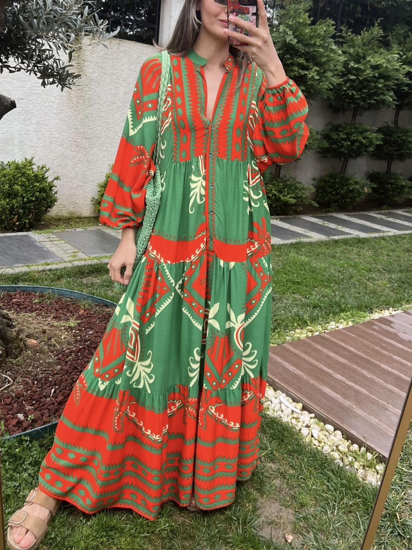 Green-Red Pattern Katleya Maxi Dress – desigmore