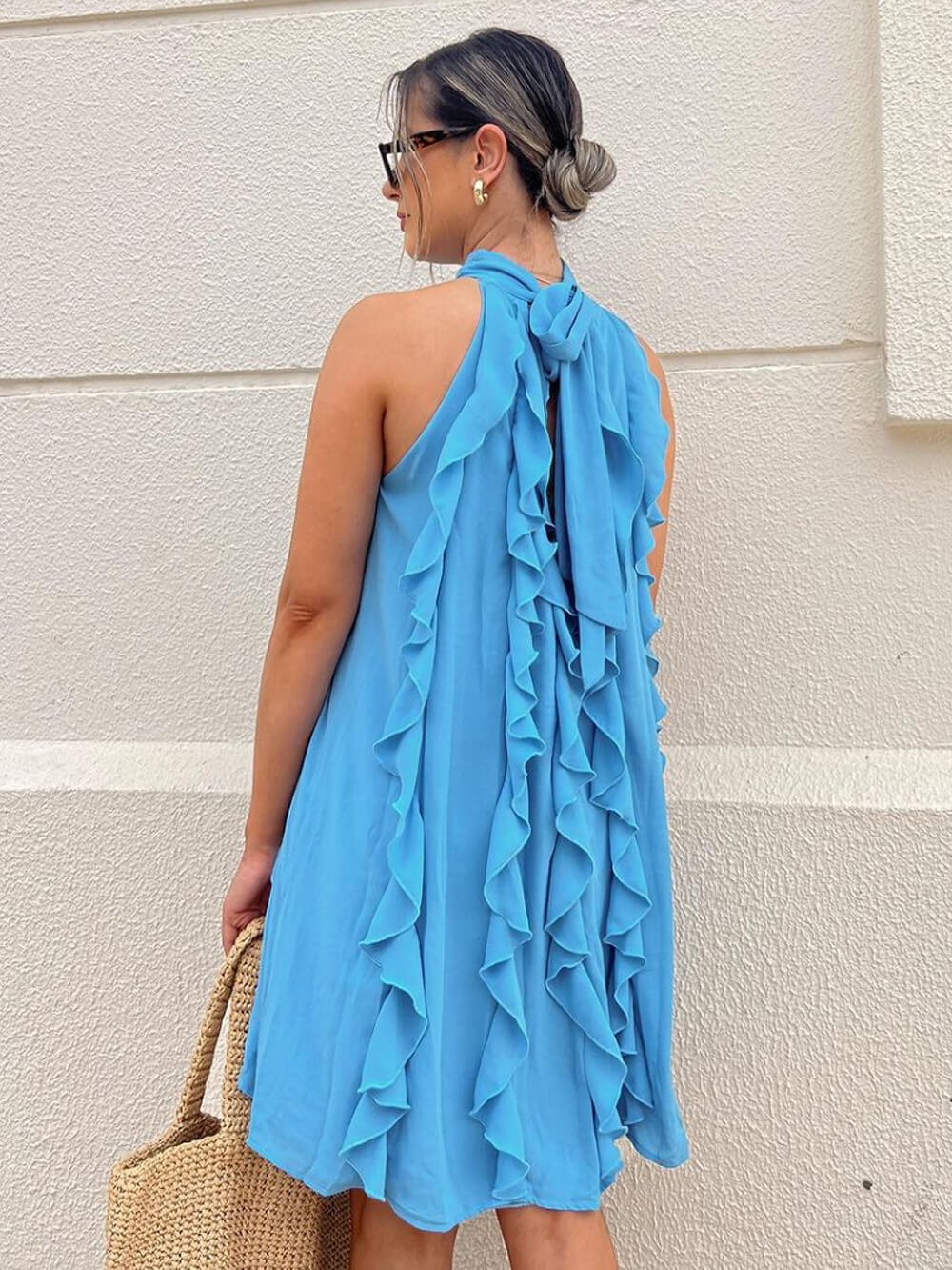Sweet Chiffon High Neck Ruffle Pleated A-line Mini Dress – desigmore