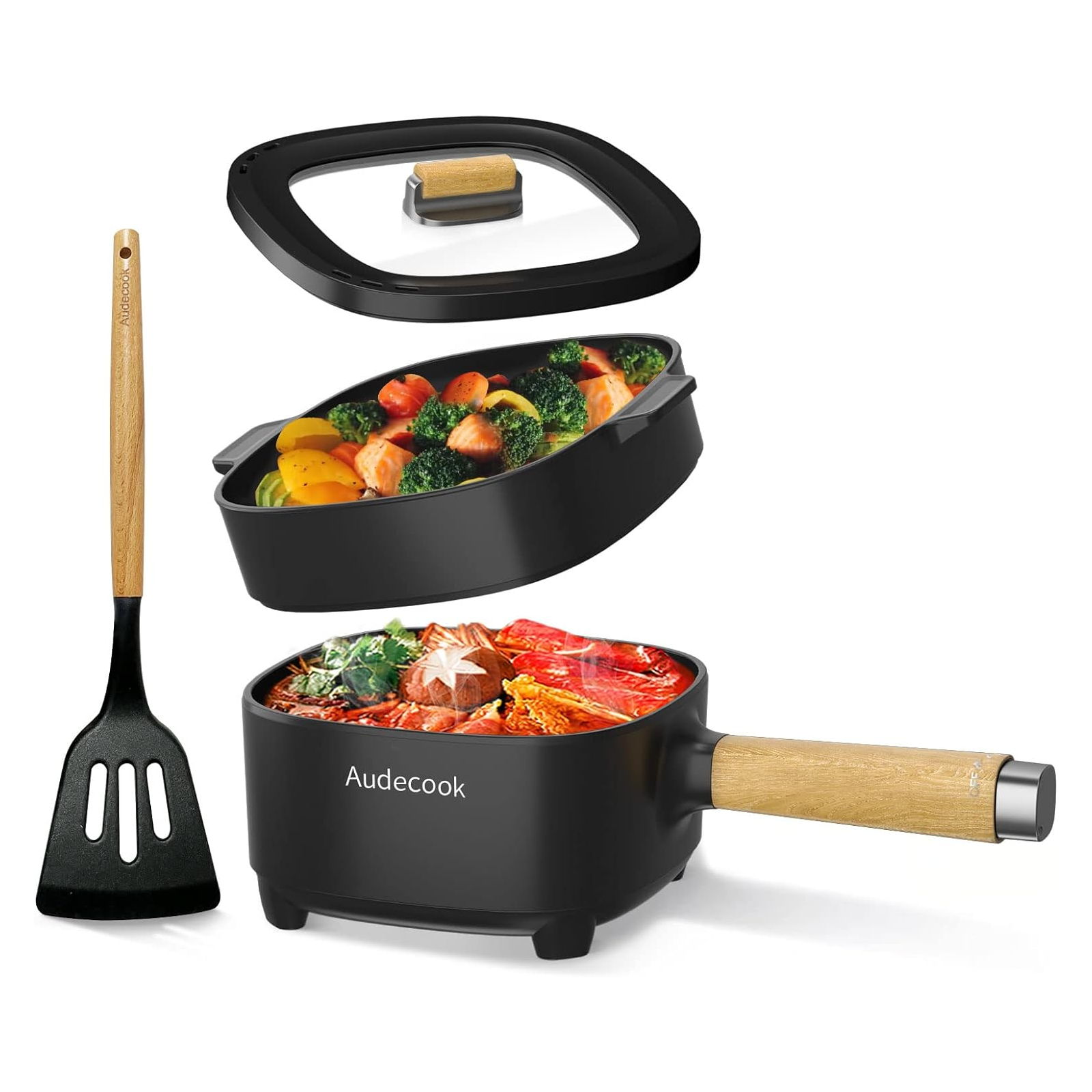 Audecook 2L Electric Hot Pot with 8-Inch Non-Stick Pan - Black
