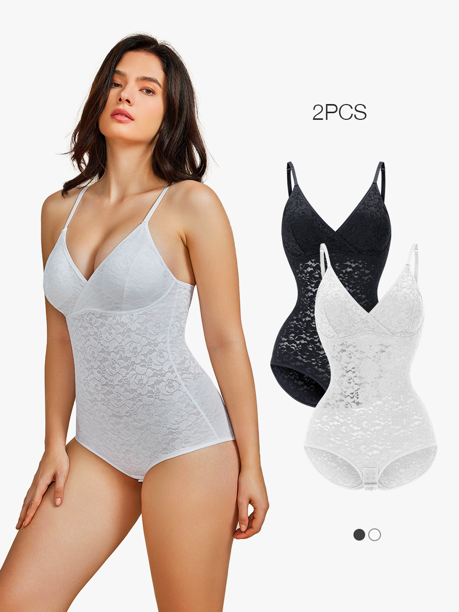 Brabic 2 Piece Lace Bodysuit For Women Tummy Control Shapewear V Neck