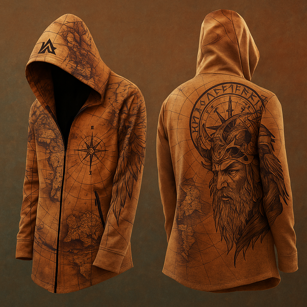 Men's Viking Tribal Runes Odin Compass Vintage Totem Hooded Jacket ...