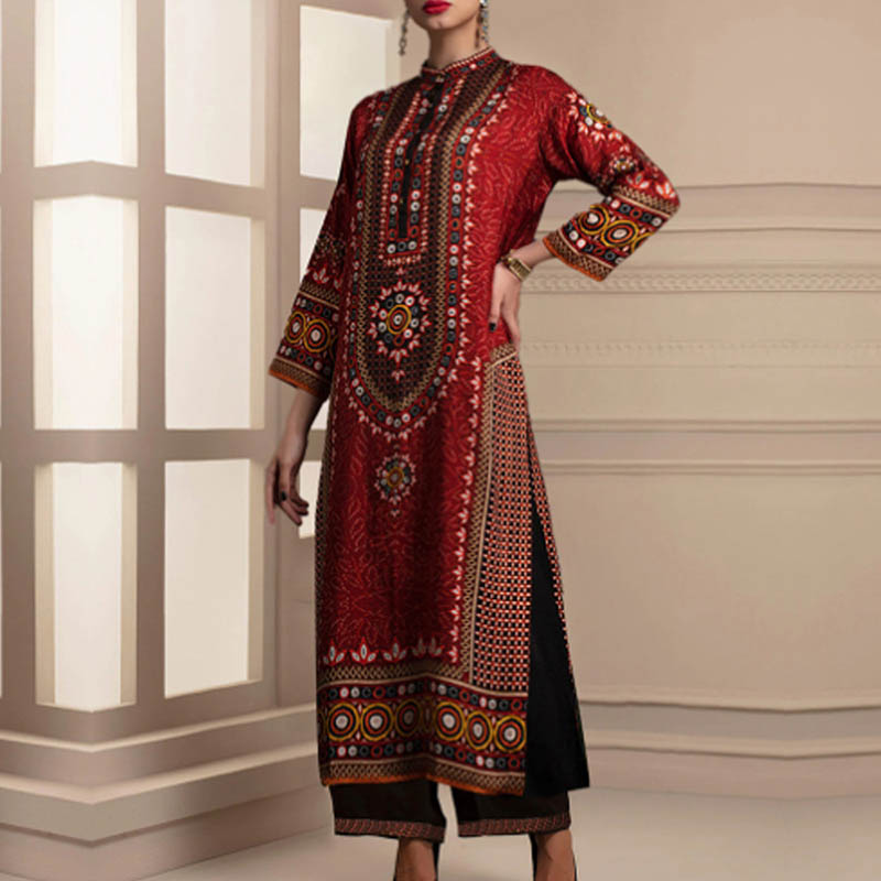 Vintage-Print Stand-Neck Midi Dress