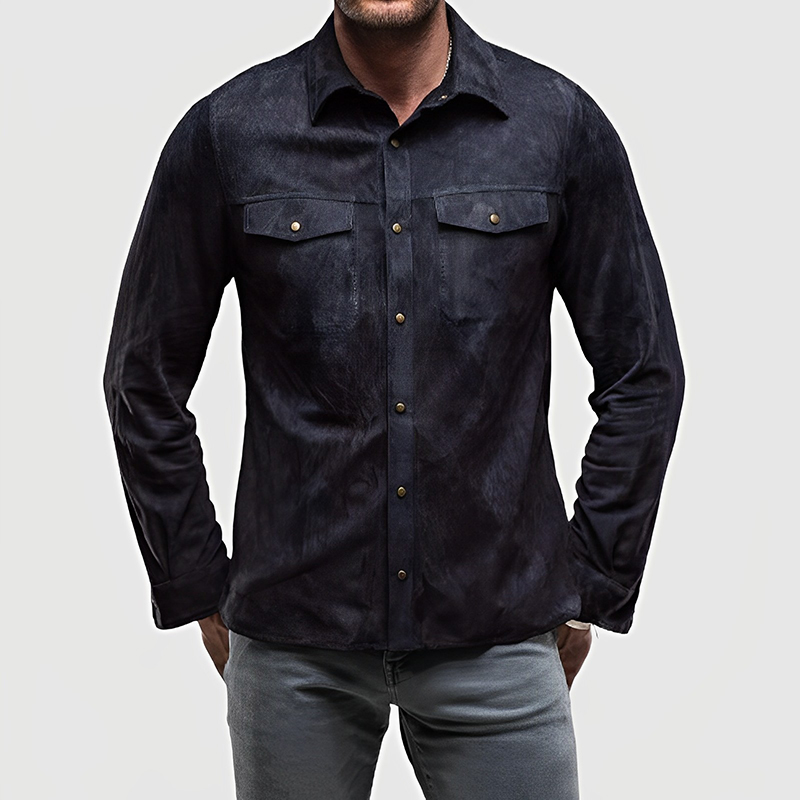 Men's Lapel Collar Suede Cargo Pocket Shirt