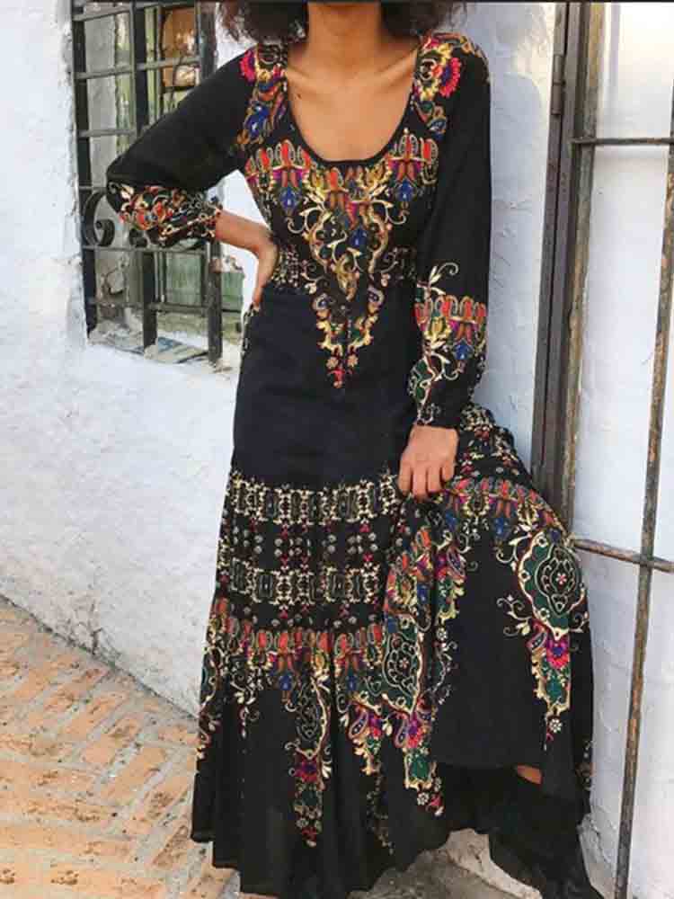 Bohemian Printed Long Sleeve Maxi Dress