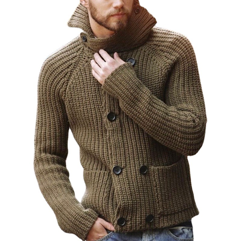 Men's Turtleneck Double Breasted Long Sleeve Knit Cardigan