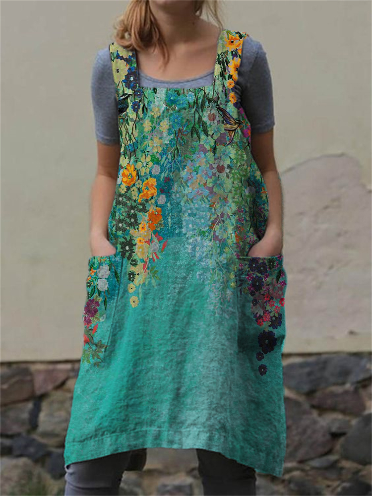 Green Floral Art Print Pocket Cross Back Apron