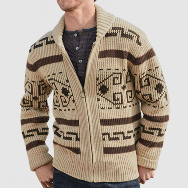 Men's Lapel Long Sleeve Jacquard Knit Sweater