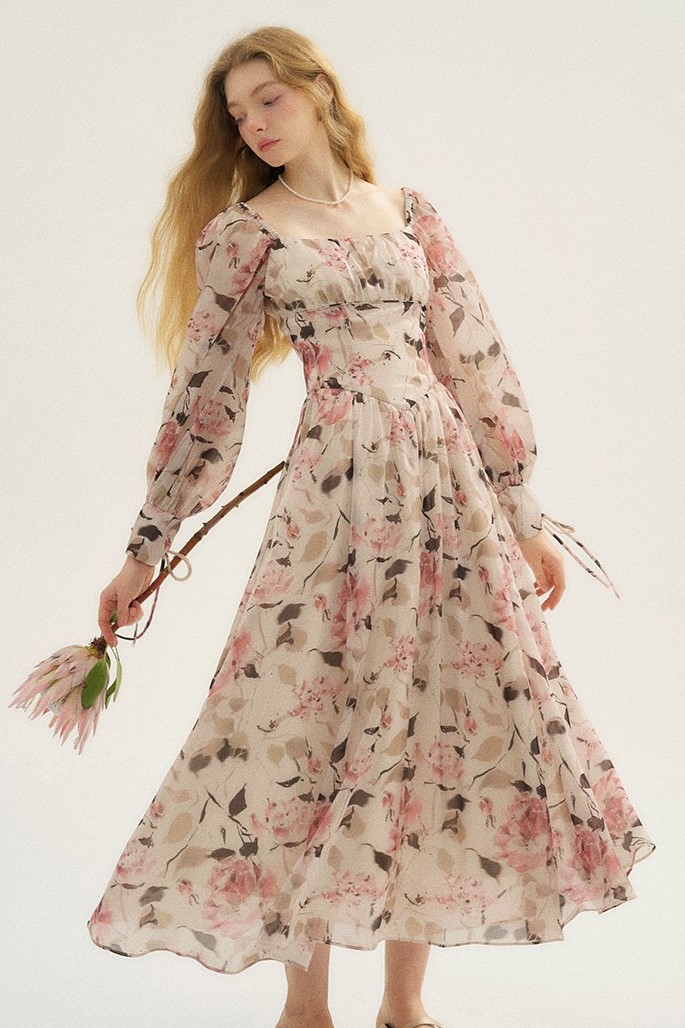 Floral Puff Sleeves Square Neck Midi Dress Jardinvue