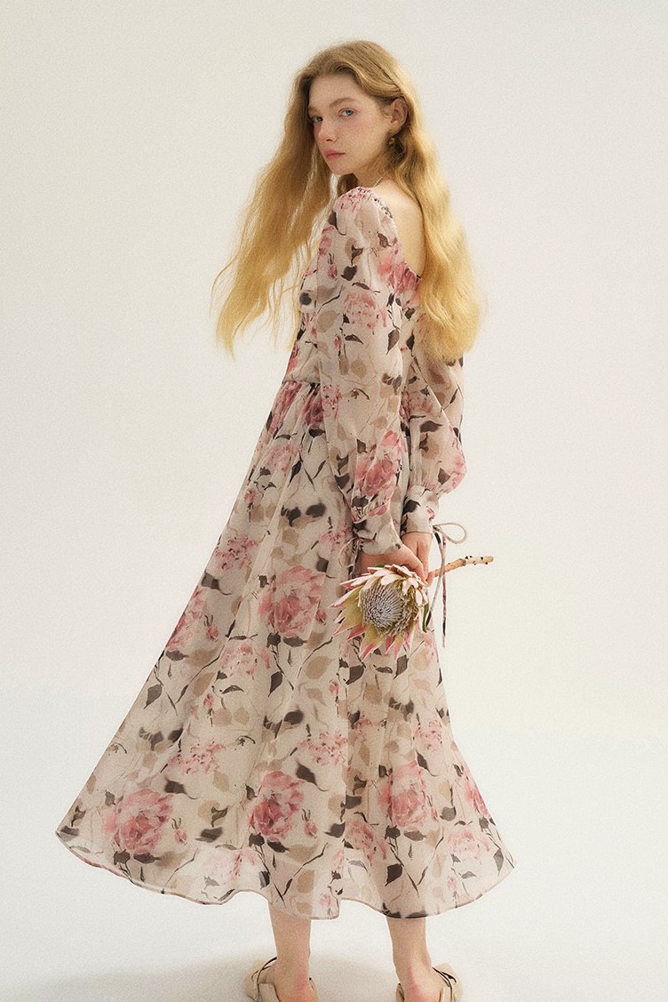 Floral Puff Sleeves Square Neck Midi Dress Jardinvue