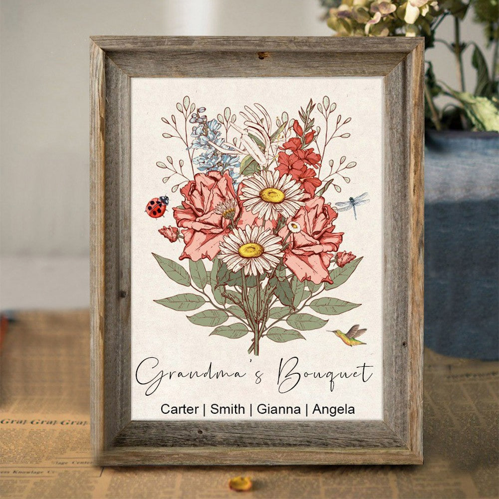 Custom Family Birth Flower Bouquet Art Print Frame with Kids Names Gift ...