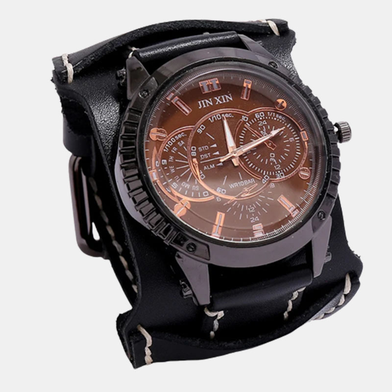 Men's Punk Cowhide Worn Wide Leather Bracelet Watch
