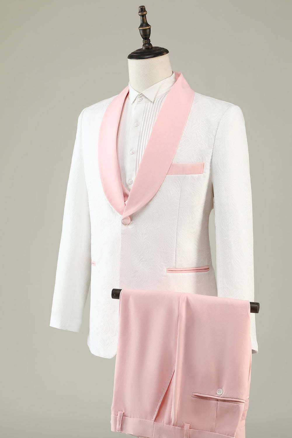 Hellymoon Light Pink Prom Tuxedo Shawl Lapel 3 Piece Jacquard Men's ...
