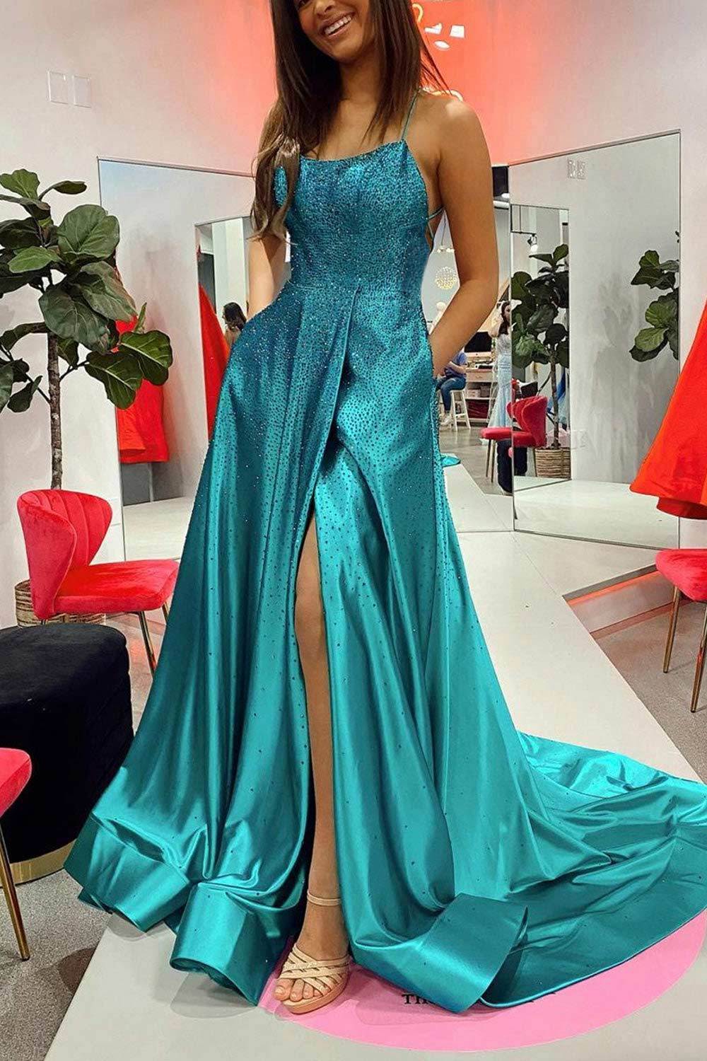 Hellymoon Women Prom Dress Green Spaghetti Straps A-line Glitter Party ...