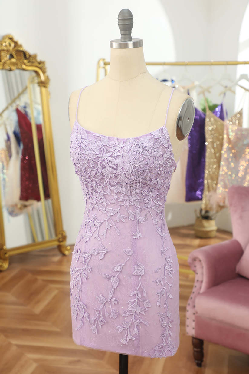Women Short Prom Dress Lilac Spaghetti Straps Backless Cocktail Dress ...