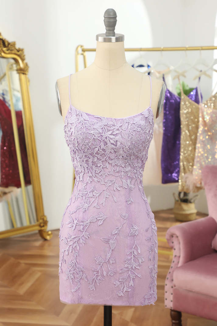 Women Short Prom Dress Lilac Spaghetti Straps Backless Cocktail Dress ...