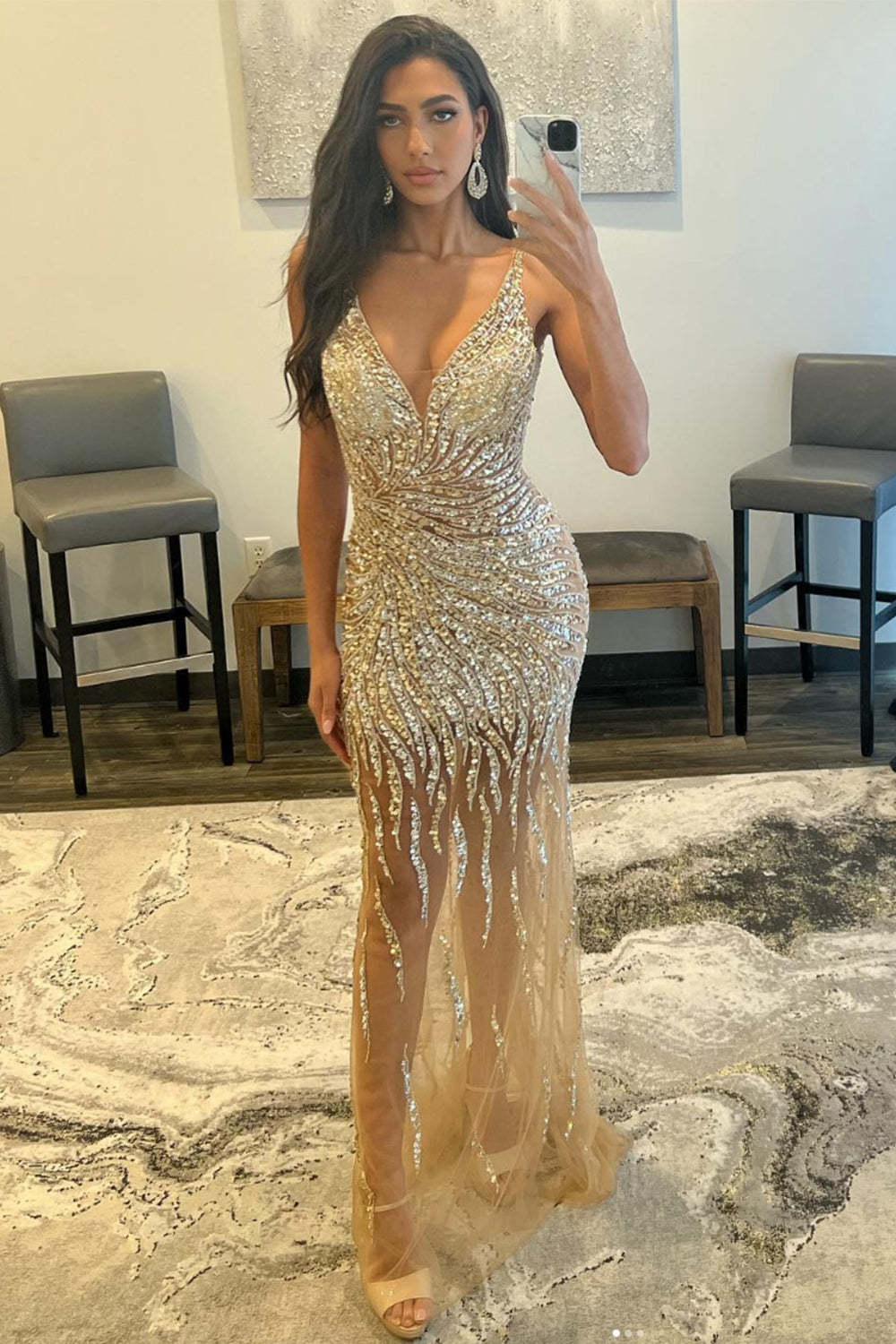 Hellymoon Women Sparkly Golden Beaded Backless Long Prom Dress