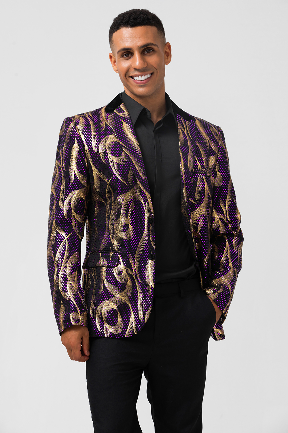 Homrain Men Purple Notched Lapel Jacquard Men's Prom Suits