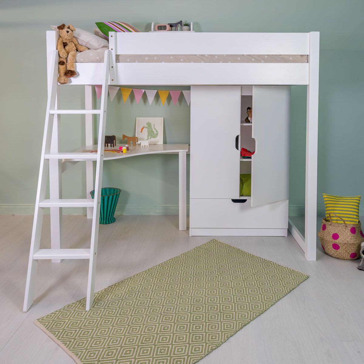 Warwick High Sleeper Bed with Wardrobe and Desk Silk White Aspace