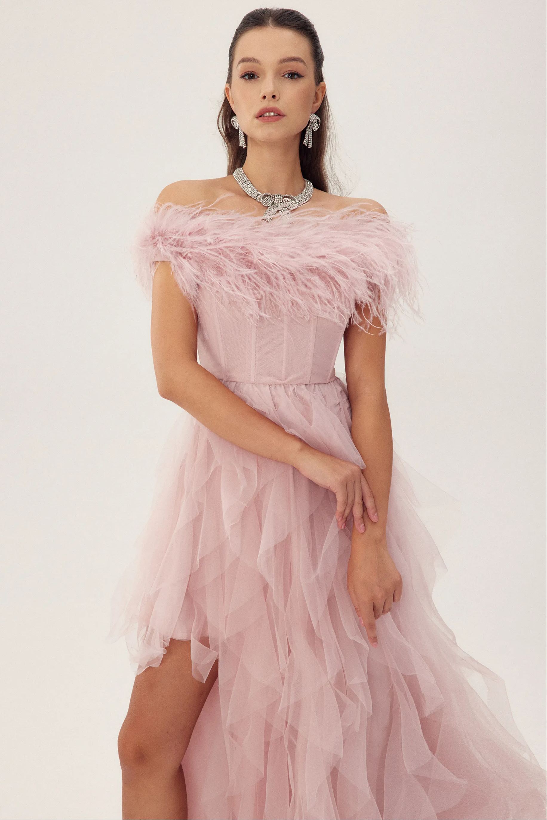 Elaine Feather Corset Maxi Tulle Dress-Sunfere Elaine Feather Corset Maxi Tulle Dress-Sunfere