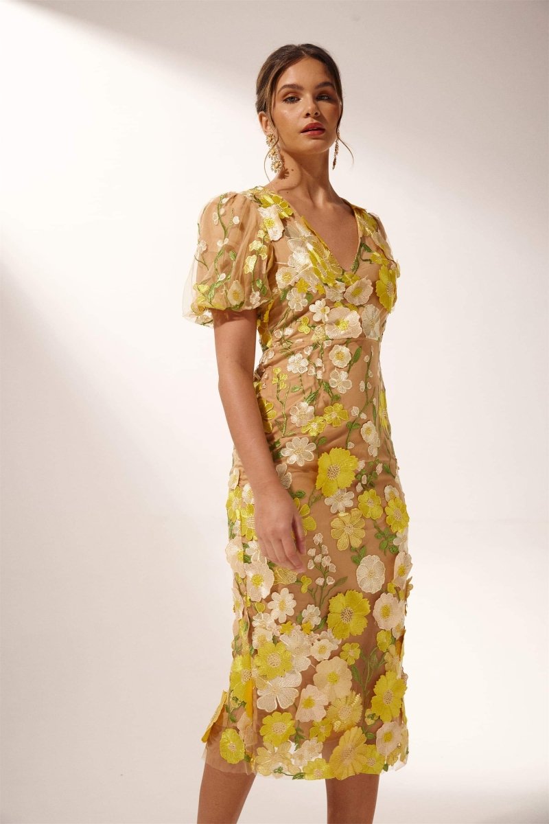 Sally V-neck Floral Midi Dress-Sunfere Sally V-neck Floral Midi Dress-Sunfere