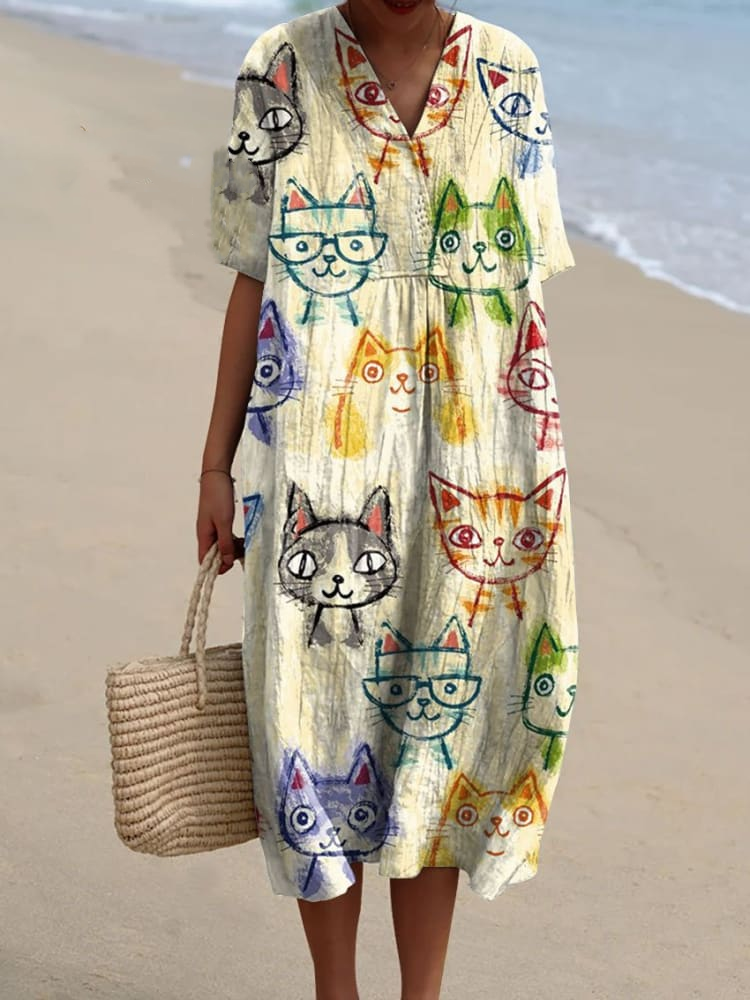 Women's Cute Cat Art Print Flowy Dress – naollie