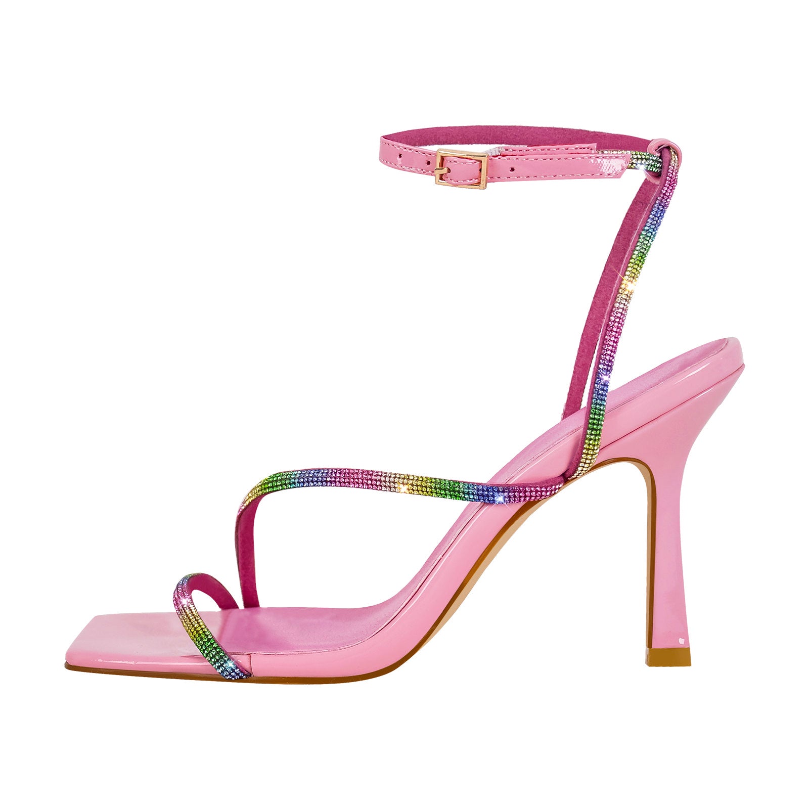 Riemchensandalen Pfennigabsatz Sexy Stilettos Regenbogen Schmucksteinen