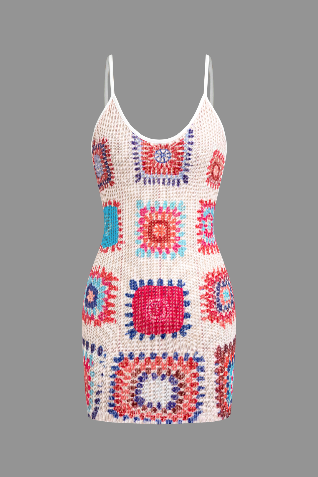 Geometric Pattern Knit Spaghetti Strap Mini Dress – Micas