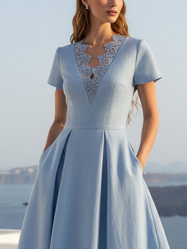 Regular Fit Plain Party Regular Sleeve Lace Collar Dress With Belt ...