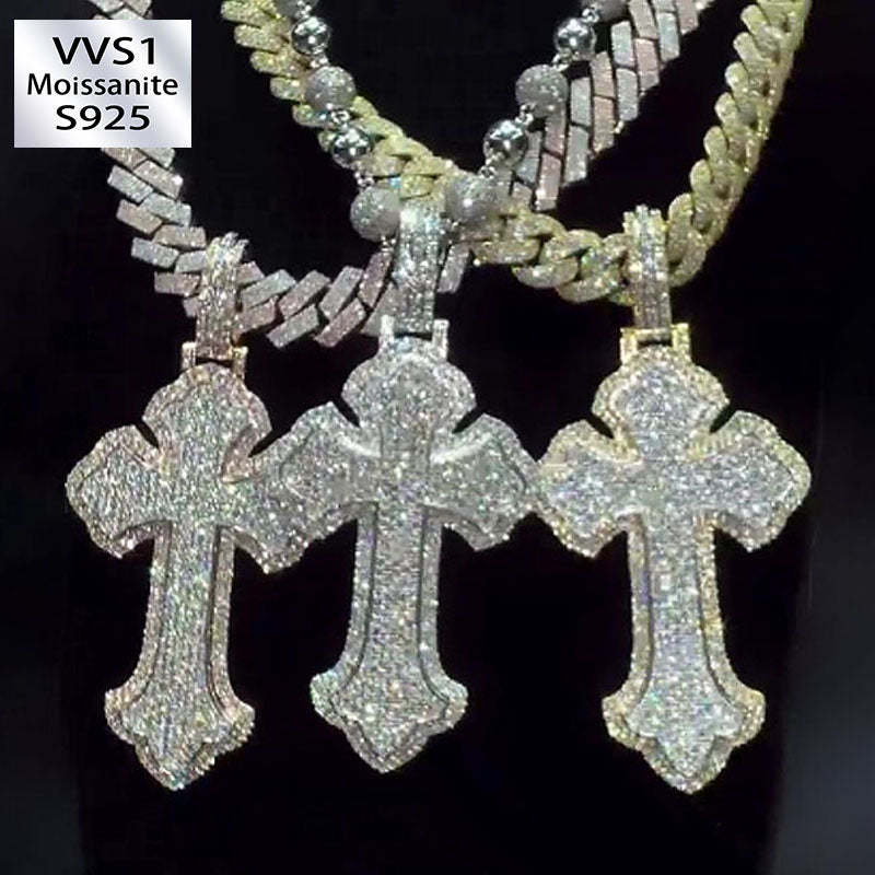 Moissanite Layered Three-dimensional Cross Pendant Chain Set – vvsbox