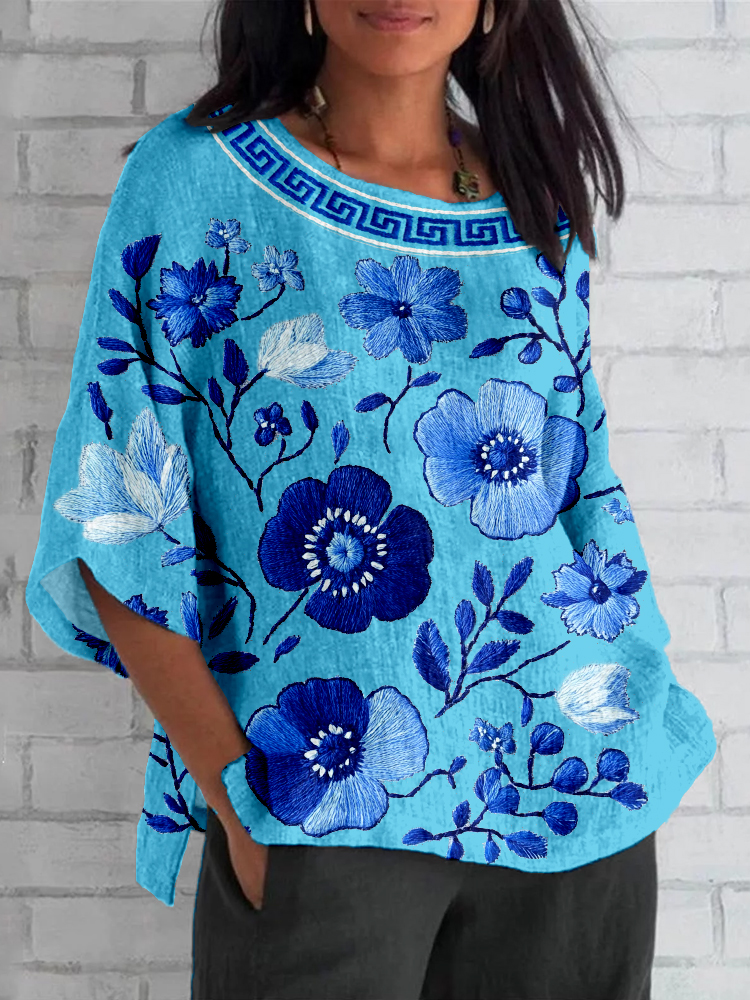 Greek Key & Floral Embroidered Linen Blend Cozy Shirt – Hebeigianhao