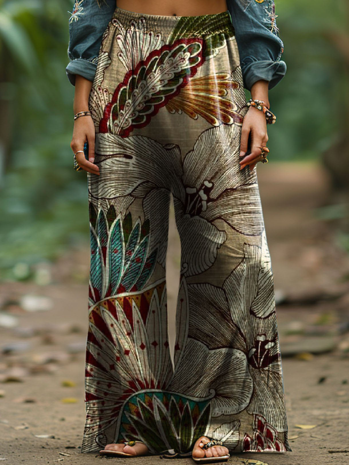 Women's Vintage Flowers Print Cargo Wide Leg Pant – Hebeigianhao