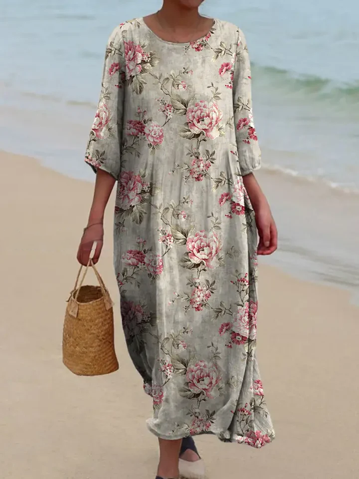 Women's Seaside Style Rose Flowers Pocket Cotton Dress