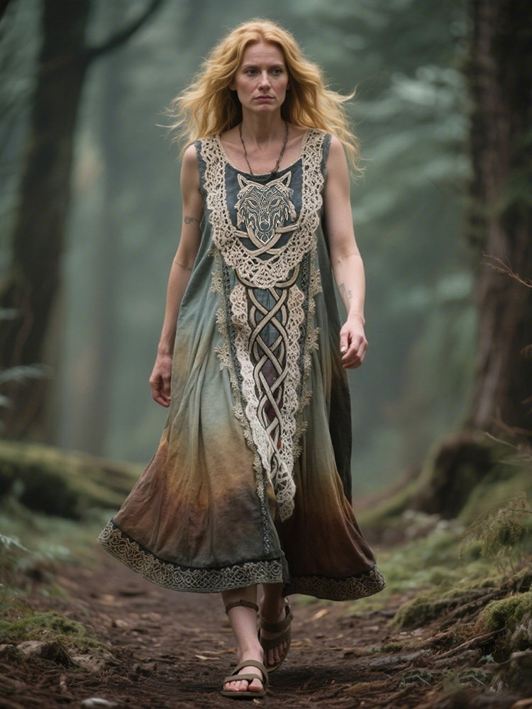 Lunivibe Women's Vintage Viking Wolf Weave Ombre Dress