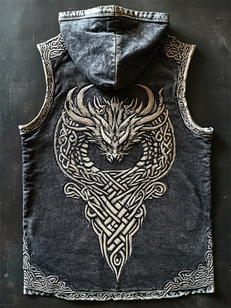 Men's Dragon Viking Celtic Washed Hooded Tank Top