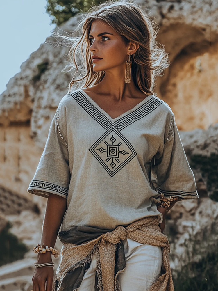 Vintage Greek Key Motif V Neck Linen Blend T-shirt