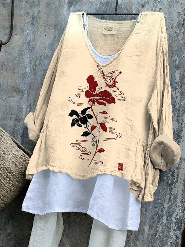 Japanese Art Flower and Butterfly Print Cozy Flowy Tunic