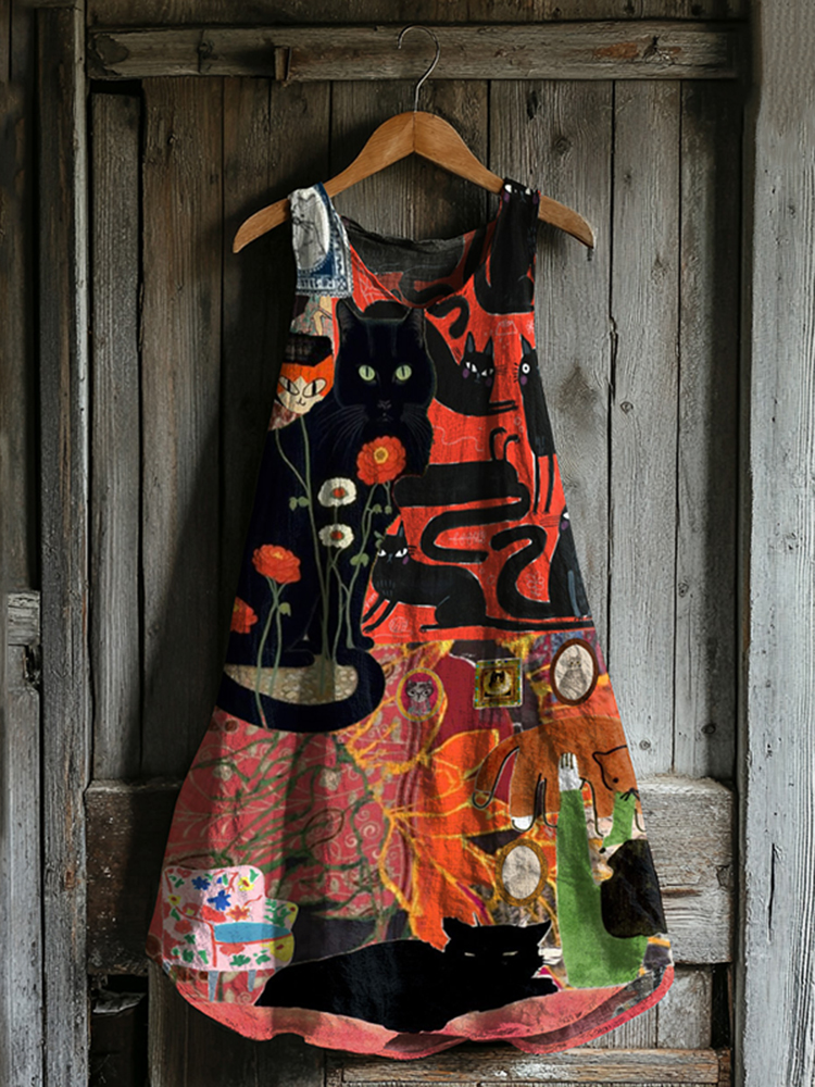 Vintage Abstract Creative Cute Cats Patchwork Art Linen Blend Tank Dre
